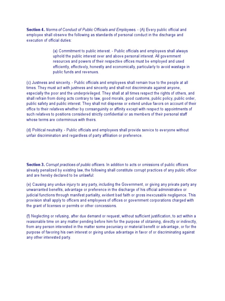 Section 4. Norms of Conduct of Public Officials and Employees. - (A ...
