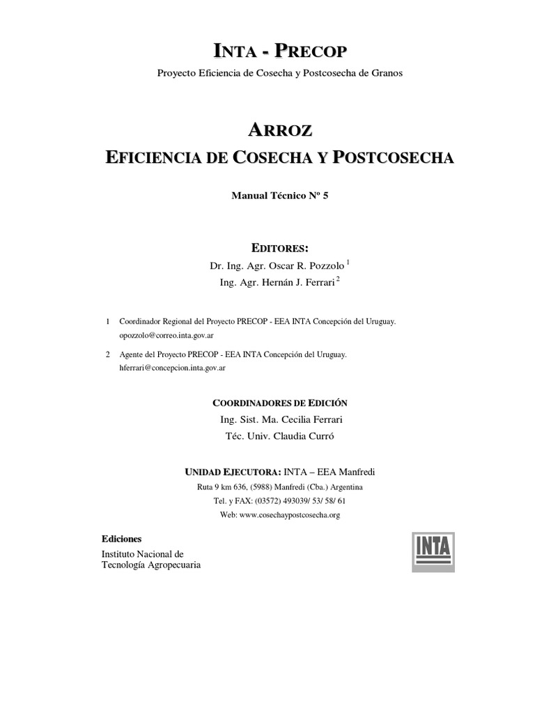 Libro Manejo de Cosecha y Postcosecha Grano de Arroz - PRECOT PDF | PDF | Riego | Uruguay