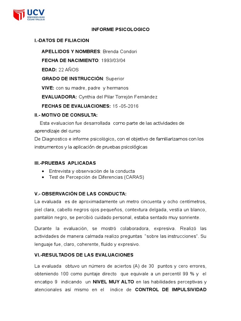 Ejemplo de Informe Psicologico | PDF