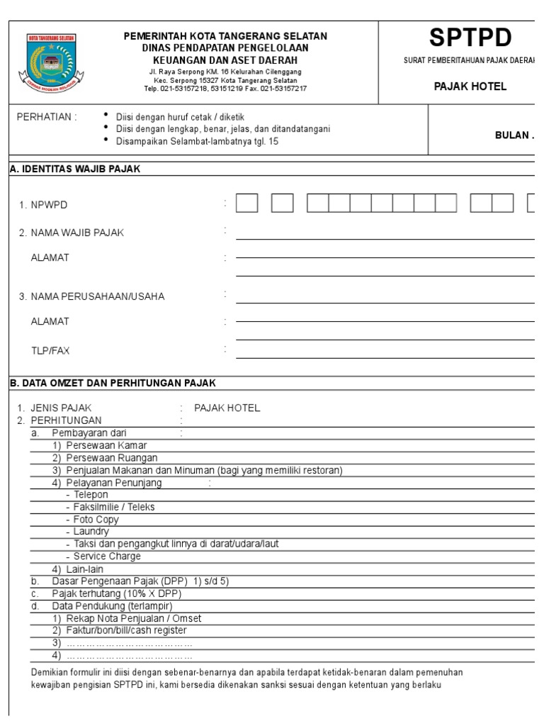 Form SPTPD Pajak Hotel | PDF