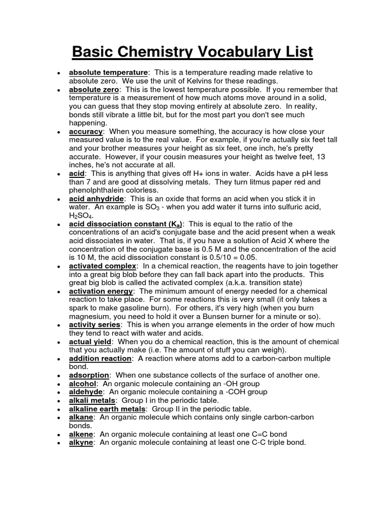 1 - Basic Chemistry Vocabulary List | PDF | Chemical Reactions | Atoms