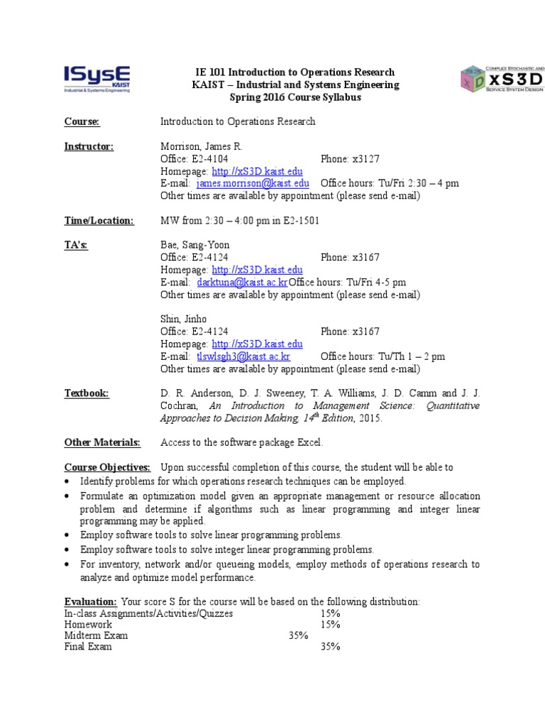 Introduction to Operations Research Syllabus | PDF | Operations ...