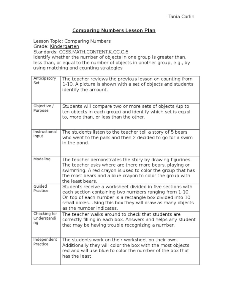 Comparing Numbers Lesson Plan: Anticipatory Set | PDF