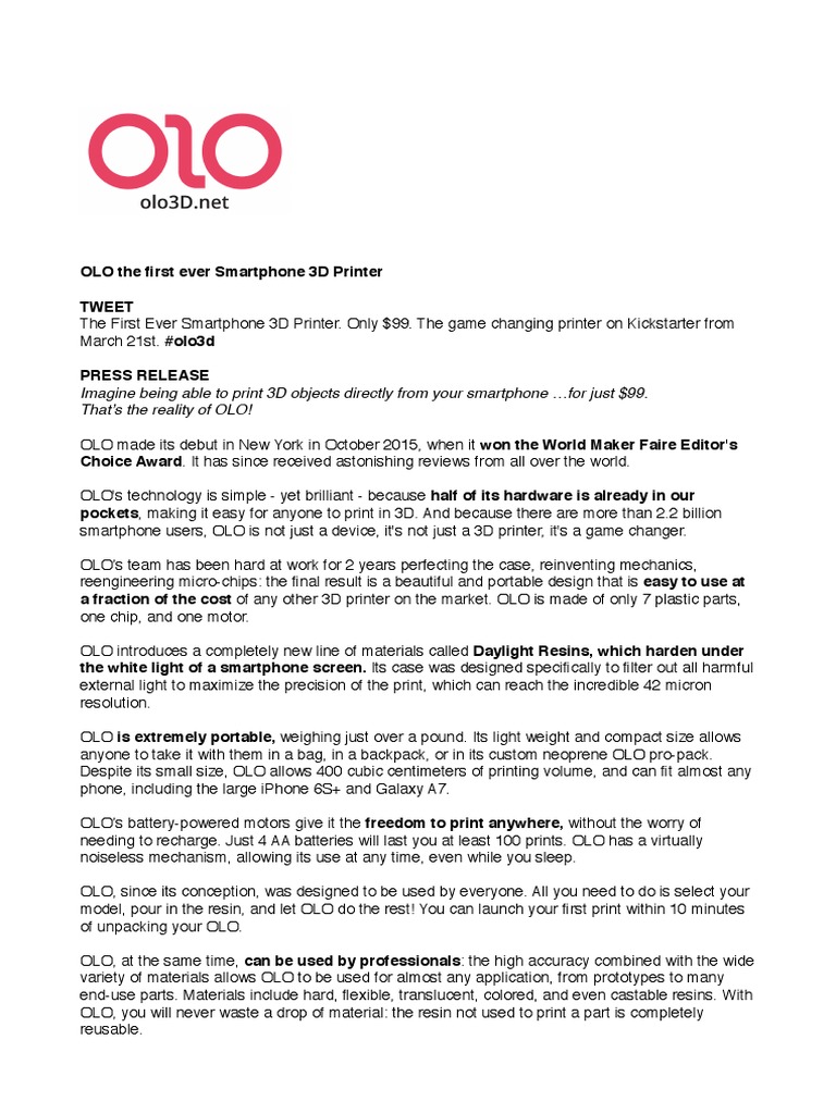 OLO Press Release en 01 | Download Free PDF | 3 D Printing | Ios