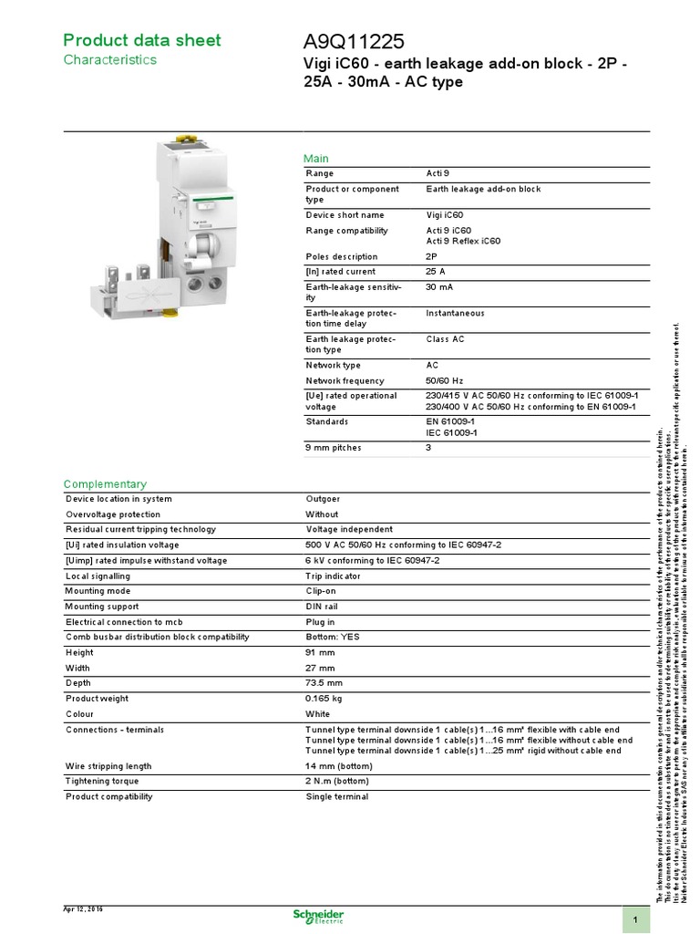 Acti 9 A9Q11225 | PDF | Cable | Ac Power Plugs And Sockets