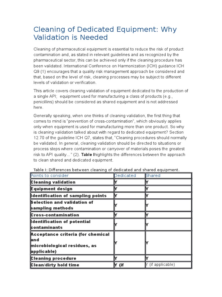 Cleaning of Dedicated Equipment | PDF | Verification And Validation ...