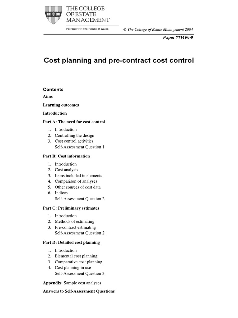 Cost Planning and Pre-Contract Cost Control | PDF | Architect | Water ...
