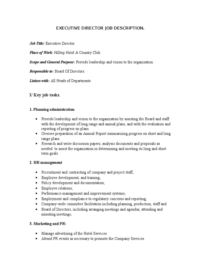 I/ Key Job Tasks.: Executive Director Job Description | PDF