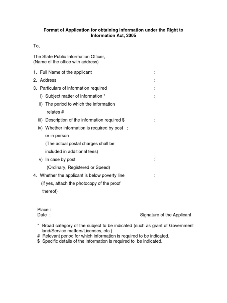Format of Application For Obtaining Information Under The Right To ...