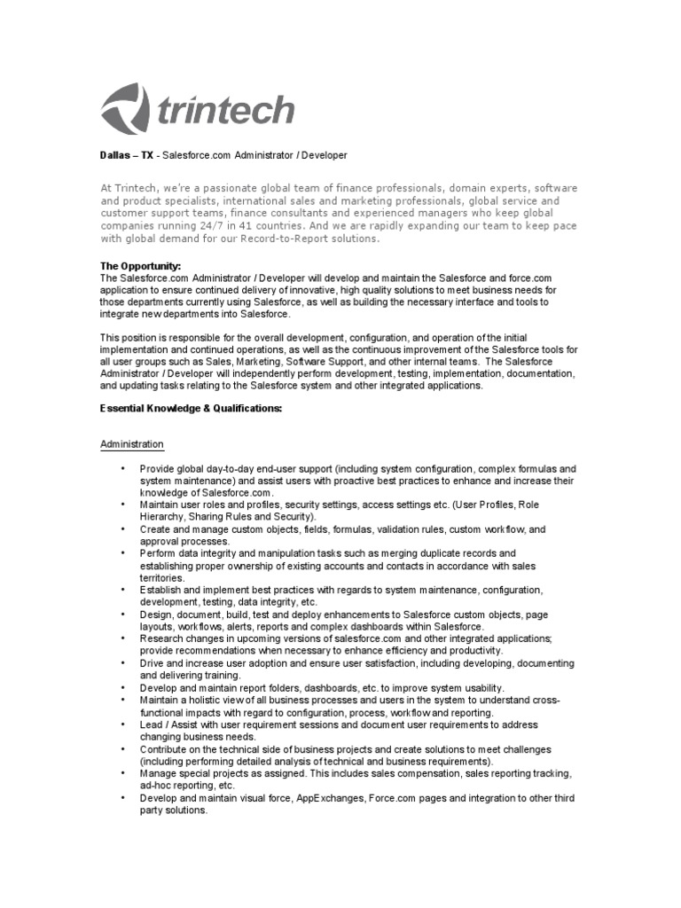 SFDC Admin Developer Job Description 2 | PDF | Salesforce.Com | Business Process
