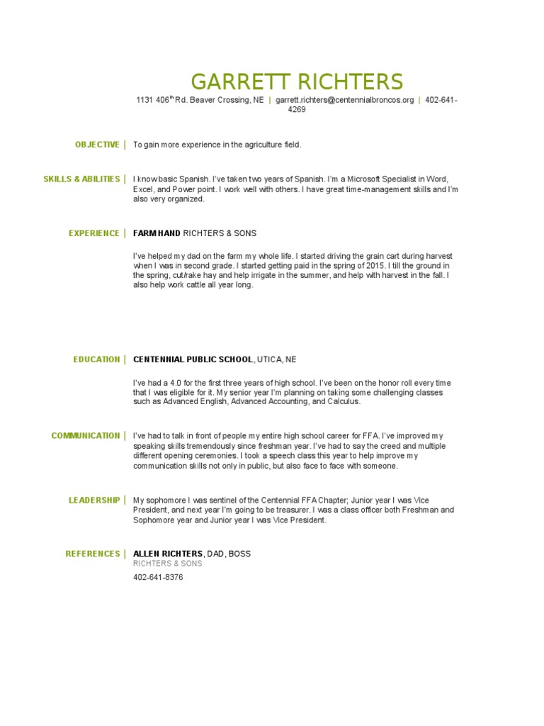 Agriculture Experience Resume of Garrett Richters | PDF