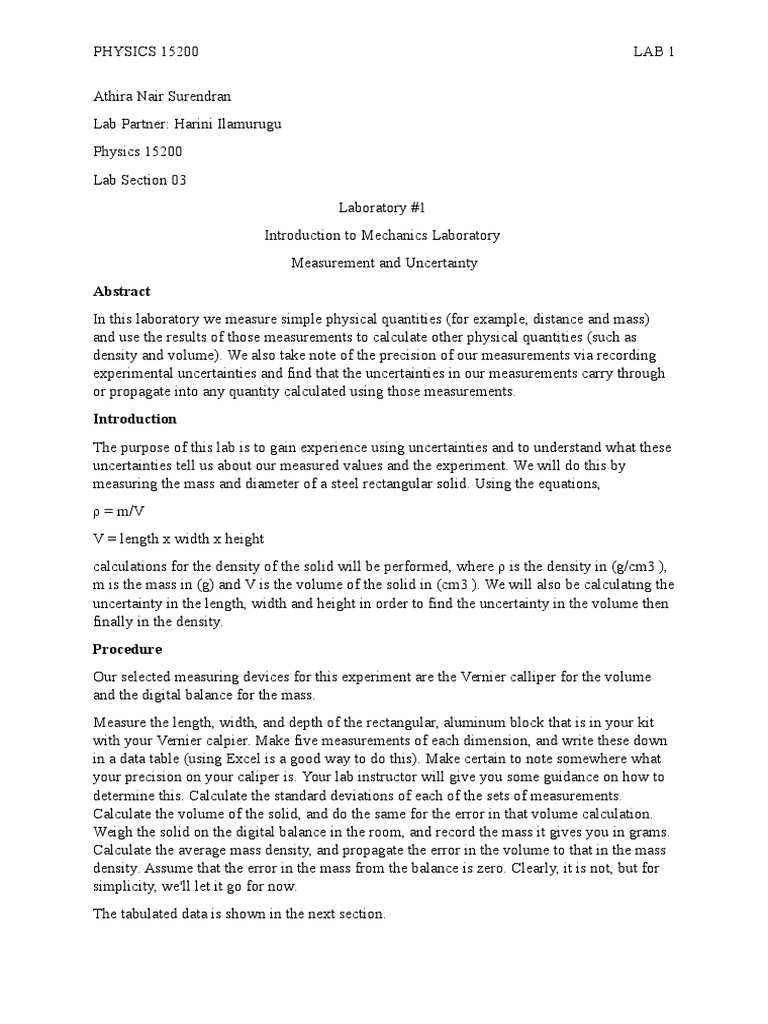 Physics Lab 1 | PDF | Measurement | Density