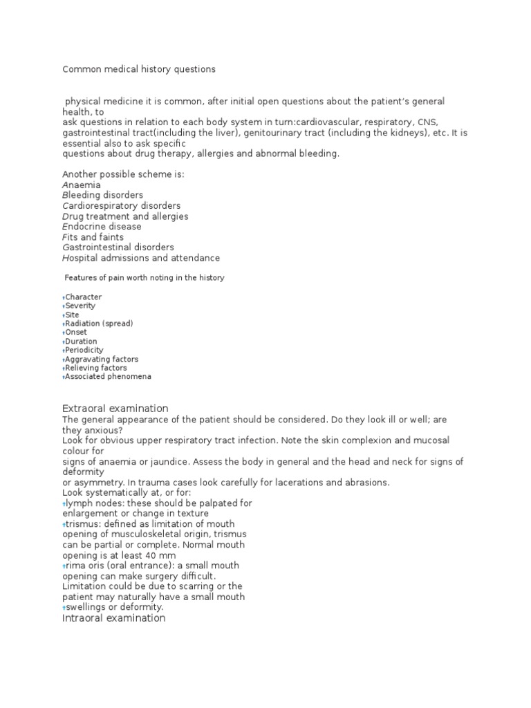 Common Medical History Questions | PDF | Human Tooth | Health Sciences