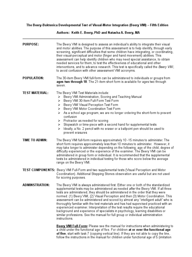 Beery VMI Assessment Overview | PDF | Validity (Statistics) | Test ...