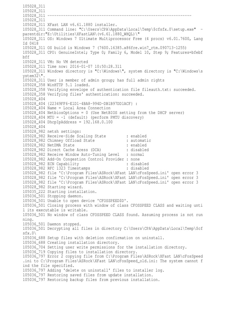 CFosSpeed Setup Log | PDF | Windows Registry | Installation (Computer Programs)