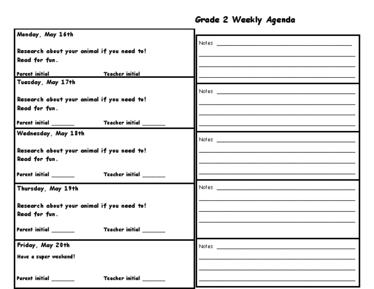Grade 2 Weekly Agenda: May 16-20 | PDF | Wellness