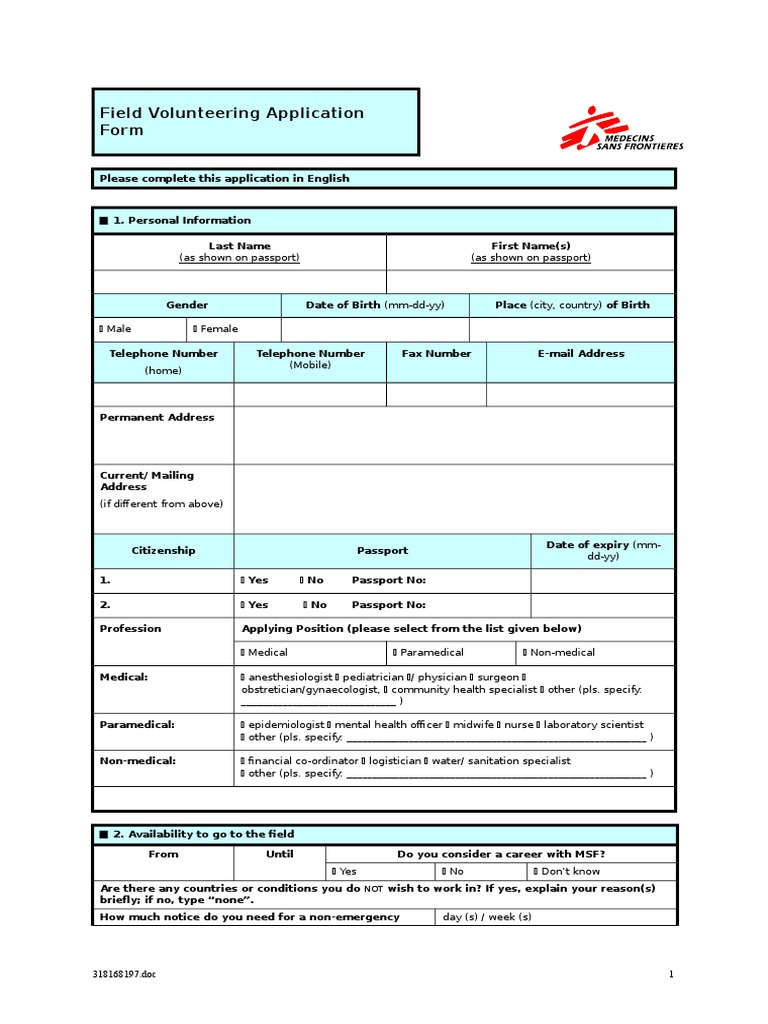 MSF Volunteer Application Form | PDF | Médecins Sans Frontières ...