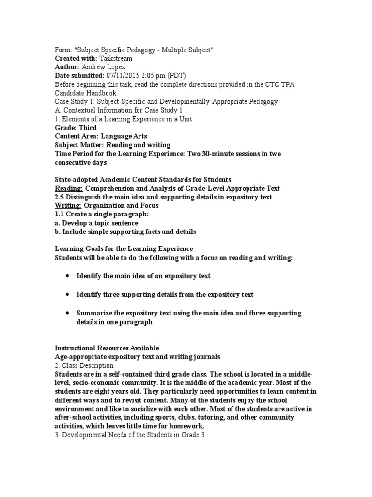 Tpa 1-Subject Specific Pedagogy | PDF | Educational Assessment ...