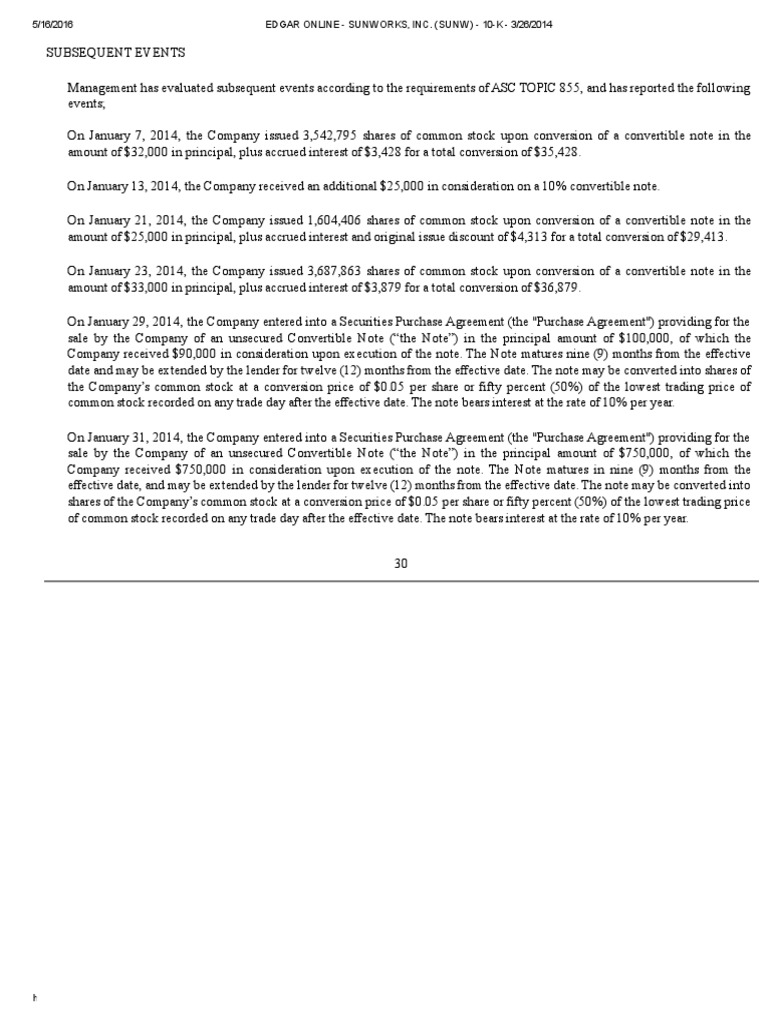 Subsequent Events Section SLTD (Now SUNW) 2013 10-K | PDF | Bonds ...