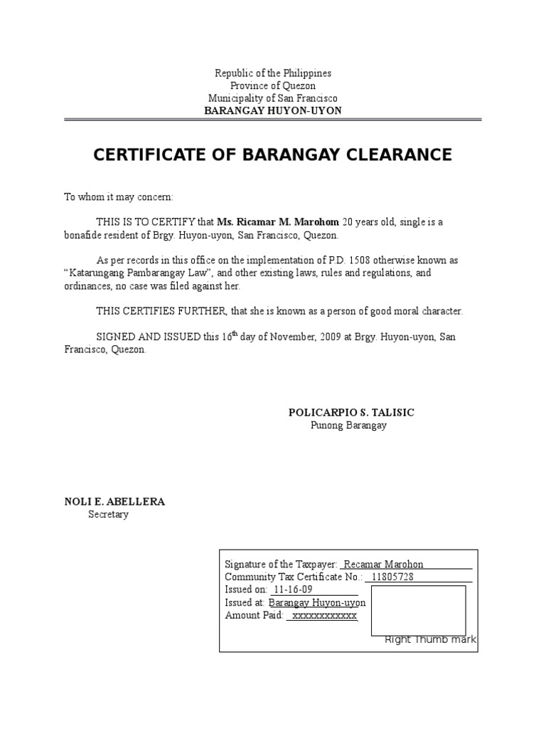 Certificate of Barangay Clearance | PDF | Government | Business