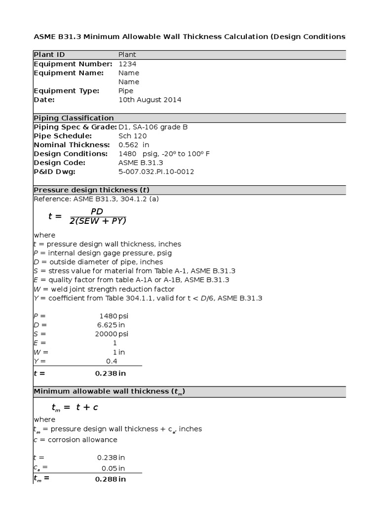ASME B31.3 Minimum Allowable Wall Thickness Calculation for a SA-106 ...