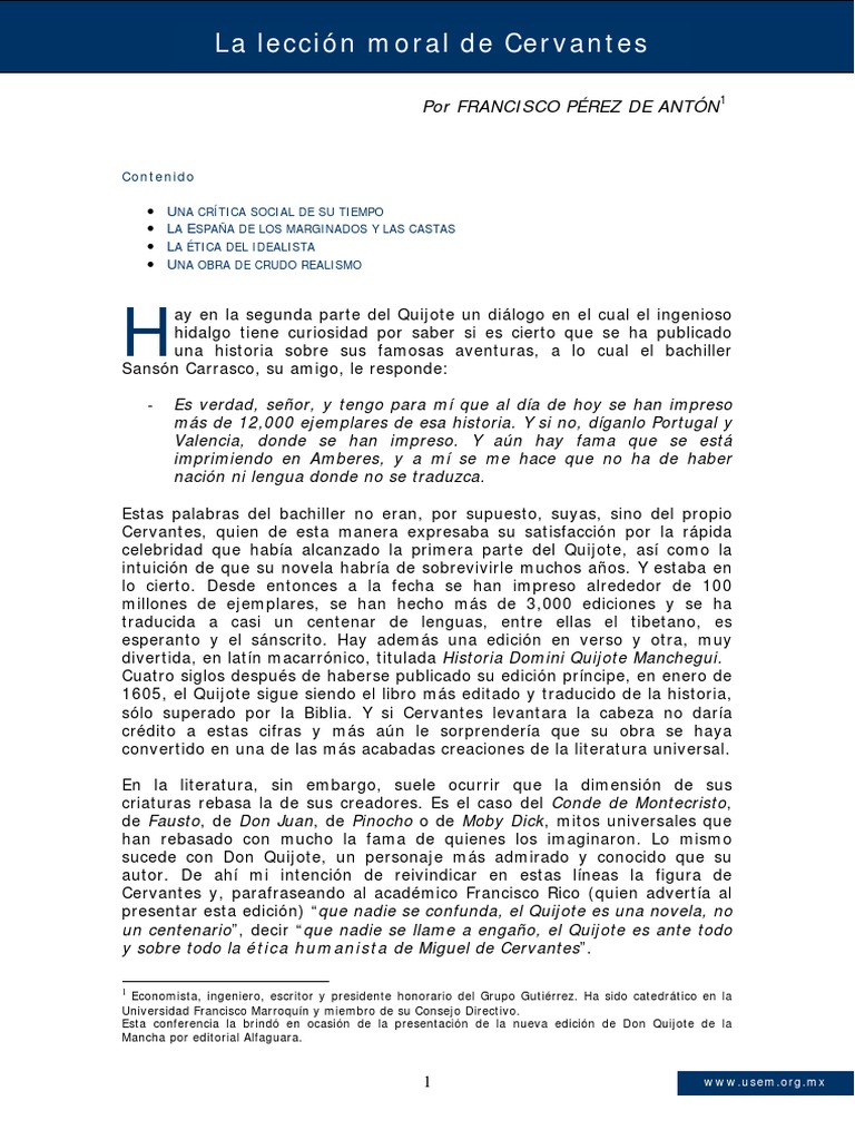 Leccion Moral de Cervantes | PDF | Don Quijote | Miguel De Cervantes