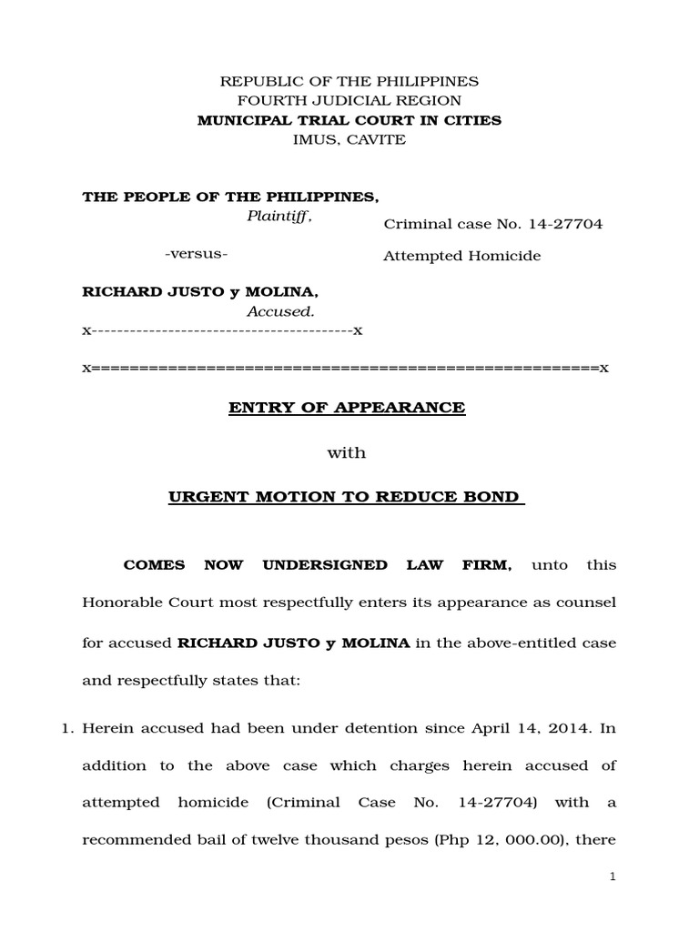 Motion to Reduce Bond | Bail | Virtue