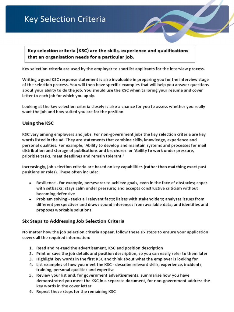 Key Selection Criteria | PDF | Résumé | Cognition