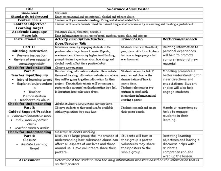 Substance Abuse Lesson Plan | PDF | Substance Abuse | Reading Comprehension