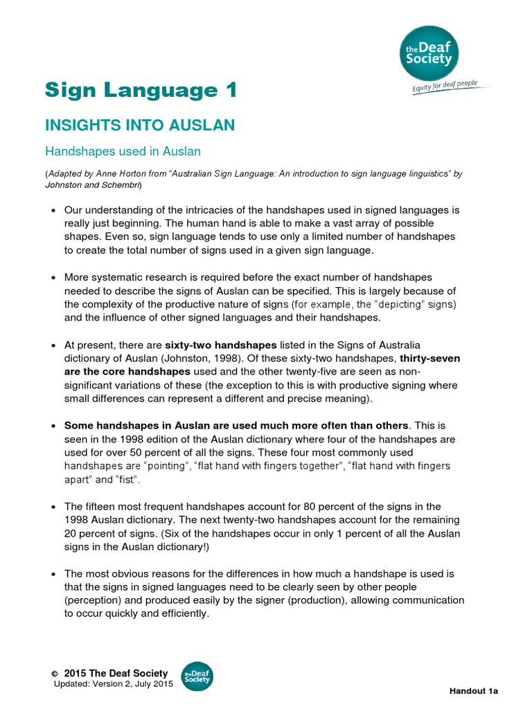 Sign Language 1 Handouts | PDF | Hearing Loss | American Sign Language