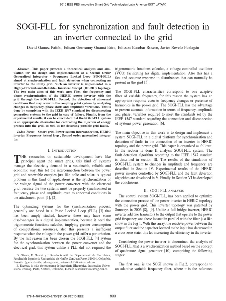 SOGI-FLL For Synchronization and Fault Detection in An Inverter Connected To The Grid | PDF ...