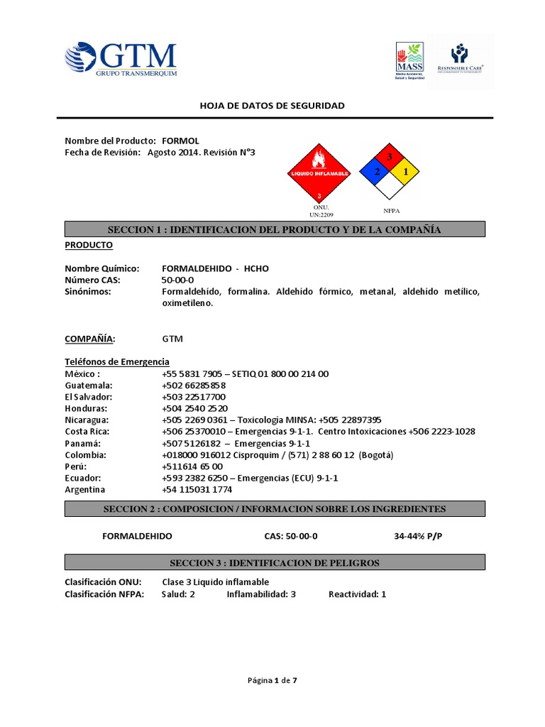 Hoja de Datos de Seguridad para Formaldehído: Detalles Clave sobre ...