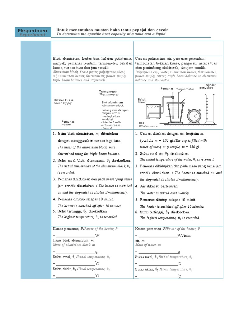 Eksperimen: Untuk Menentukan Muatan Haba Tentu Pepejal Dan Cecair | PDF ...