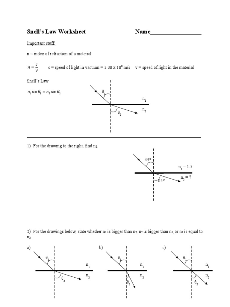 Refraction Worksheet 1 | PDF | Refraction | Speed Of Light