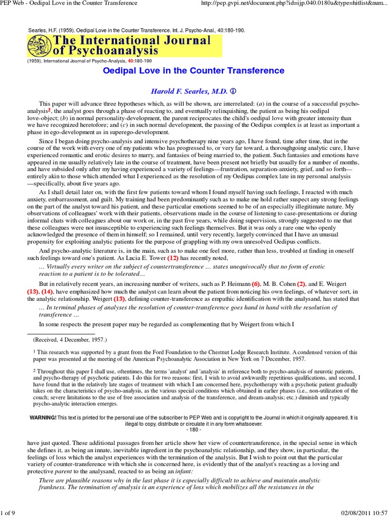 Searles - Oedipal Love in The Counter Transference | PDF | Id | Oedipus Complex