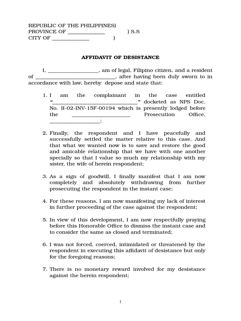 Affidavit of Desistance Template | PDF | Social Science | Law