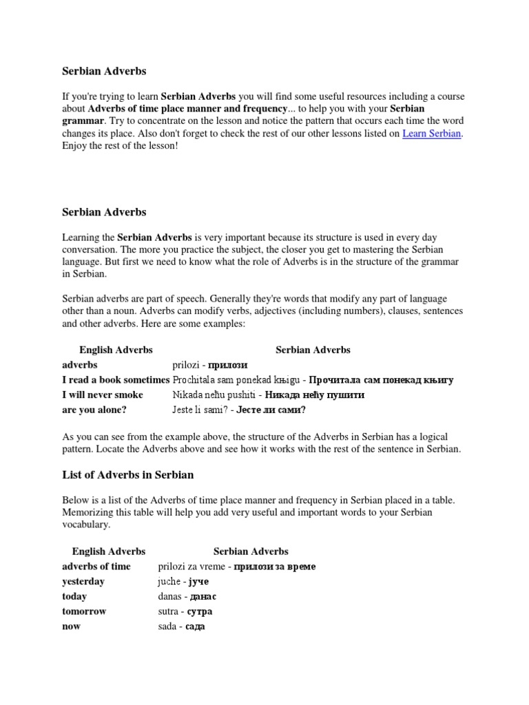 Essential Serbian Adverbs Guide | PDF | Adverb | Pronoun