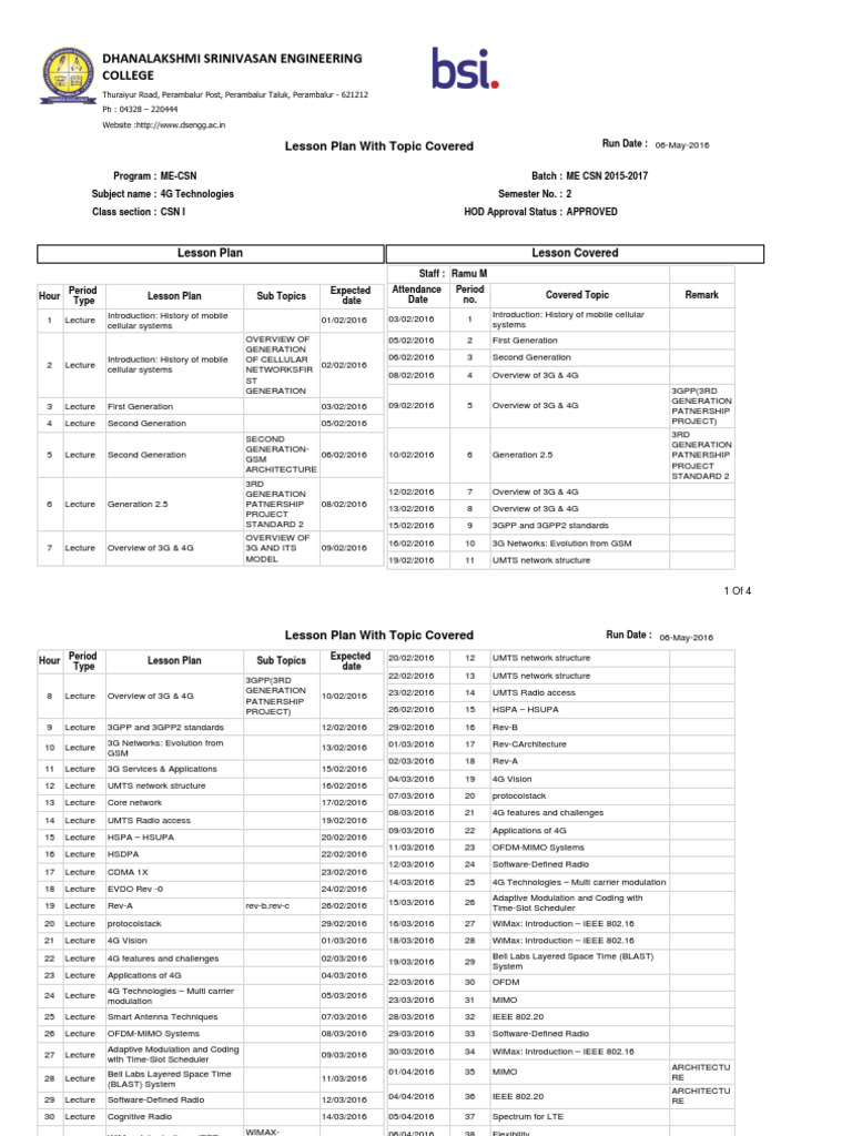 Lesson Plan With Topic Coverred 4G Technologies | PDF | 4 G | High ...