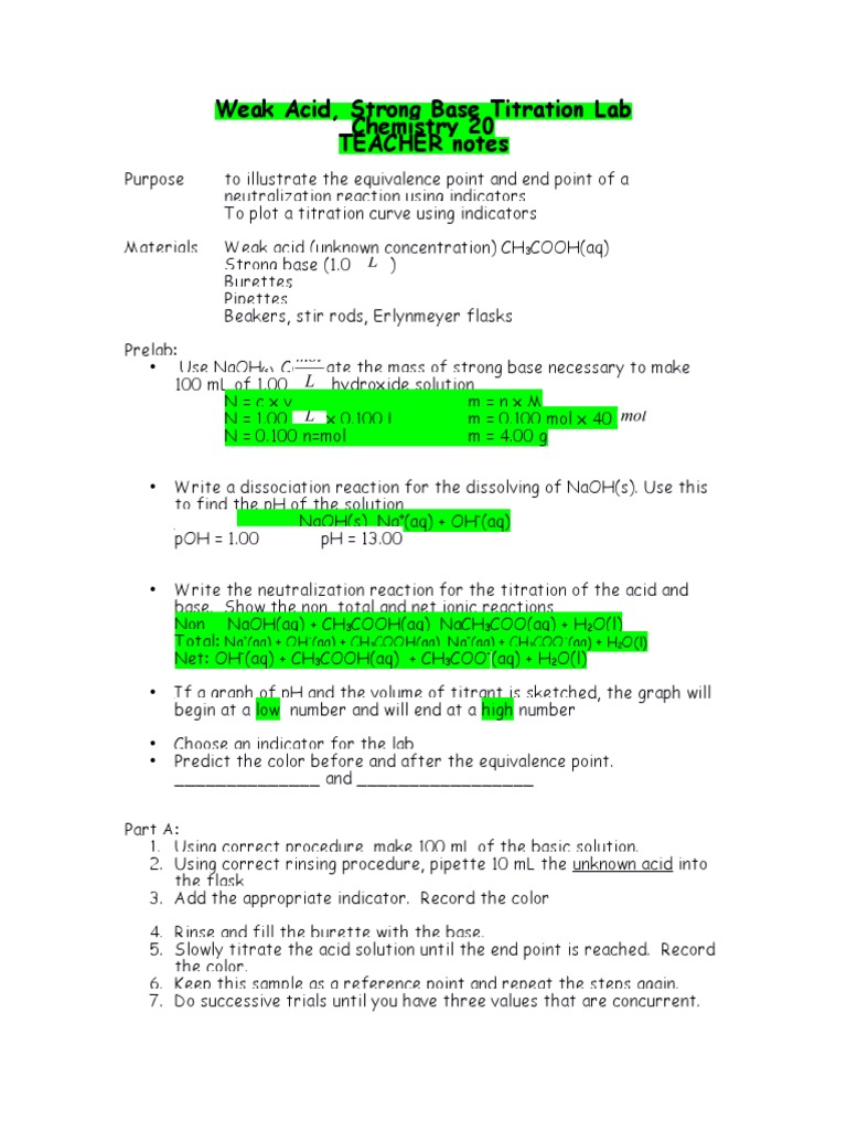 Weak Acid, Strong Base Titration Lab Chemistry 20 TEACHER Notes ...