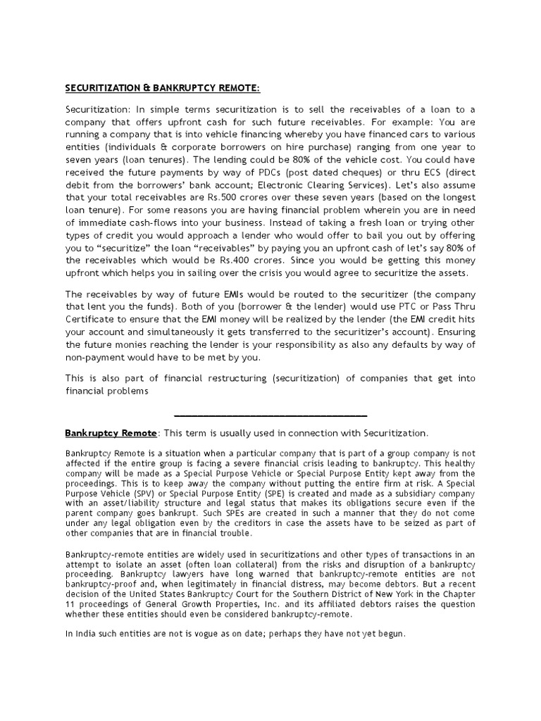 Securitization & Bankruptcy Remote | PDF | Bankruptcy | Securitization