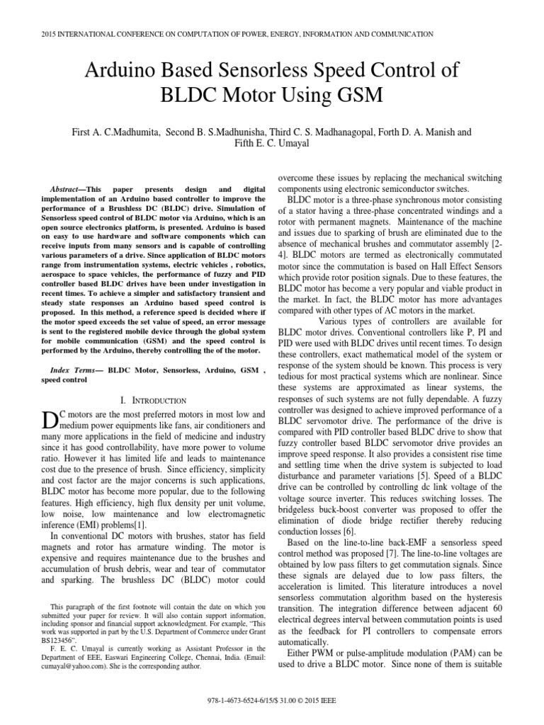 Arduino Based Sensorless Speed Control Of Bldc Motor Using Gsm Pdf Arduino Pic Microcontroller