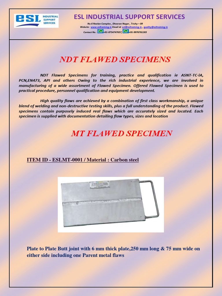 NDT Flawed Specimens: Esl Industrial Support Services | PDF | Pipe ...