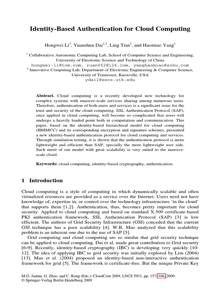 Identity-Based Authentication For Cloud Computing PDF | PDF | Public Key Cryptography | Key ...