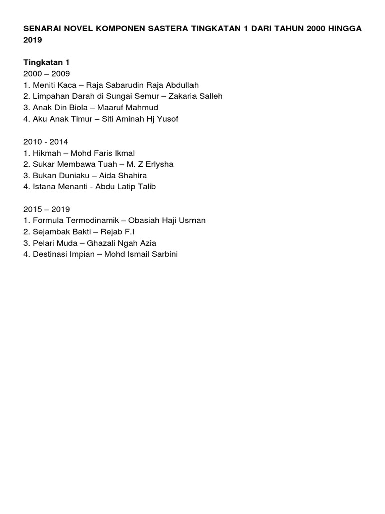 Senarai Novel Komponen Sastera Tingkatan 1 Dari Tahun 2000 Hingga 2019 | PDF