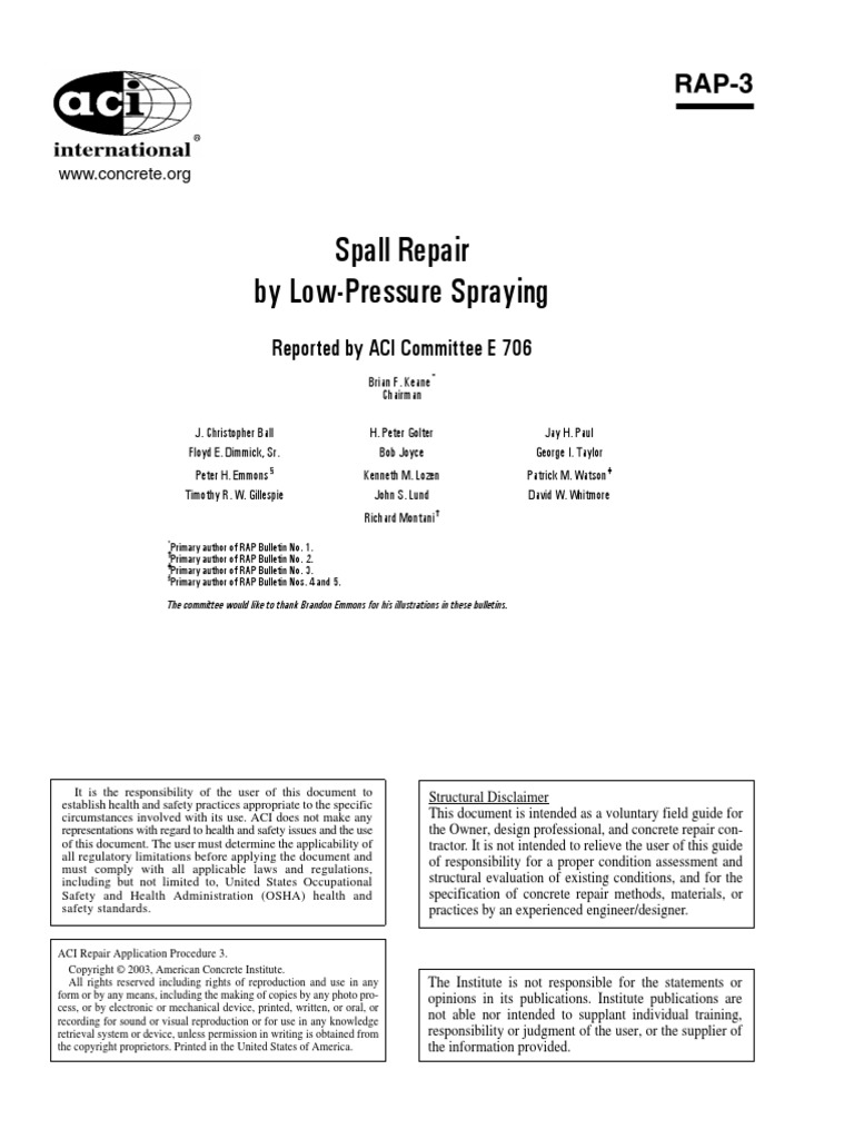 Spall Repair by Low-Pressure Spraying: Reported by ACI Committee E 706 ...