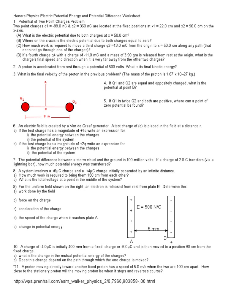 Honors Physics Electric Potential Energy and Potential Difference ...