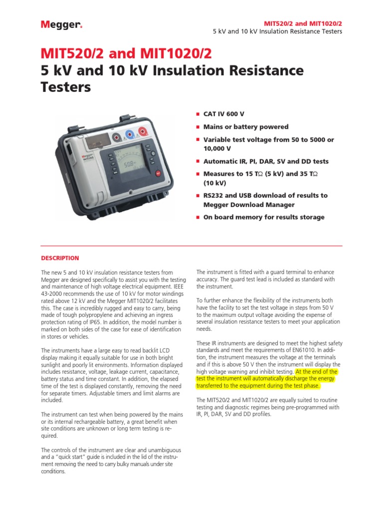 Megger MIT520 - 2 - MIT1020 - 2 - DS - en - V09 | PDF | Capacitor ...