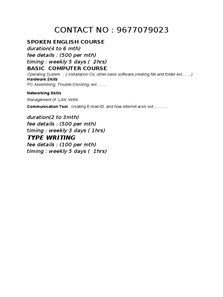 CONTACT NO: 9677079023: Spoken English Course | PDF | Computers ...