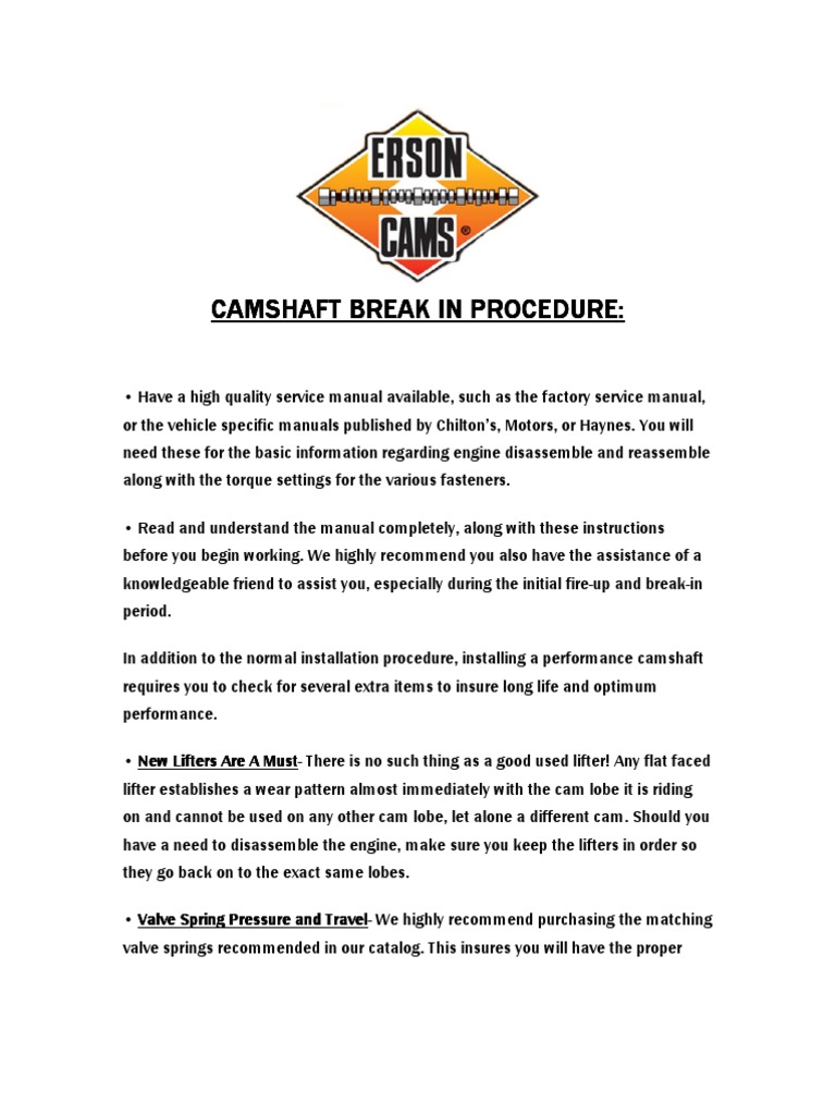 Camshaft Break in Procedure | PDF | Vehicle Parts | Vehicle Technology