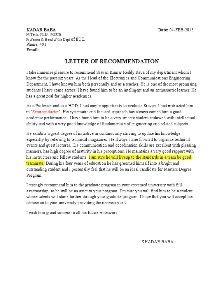 Reviewed HOD LOR | PDF